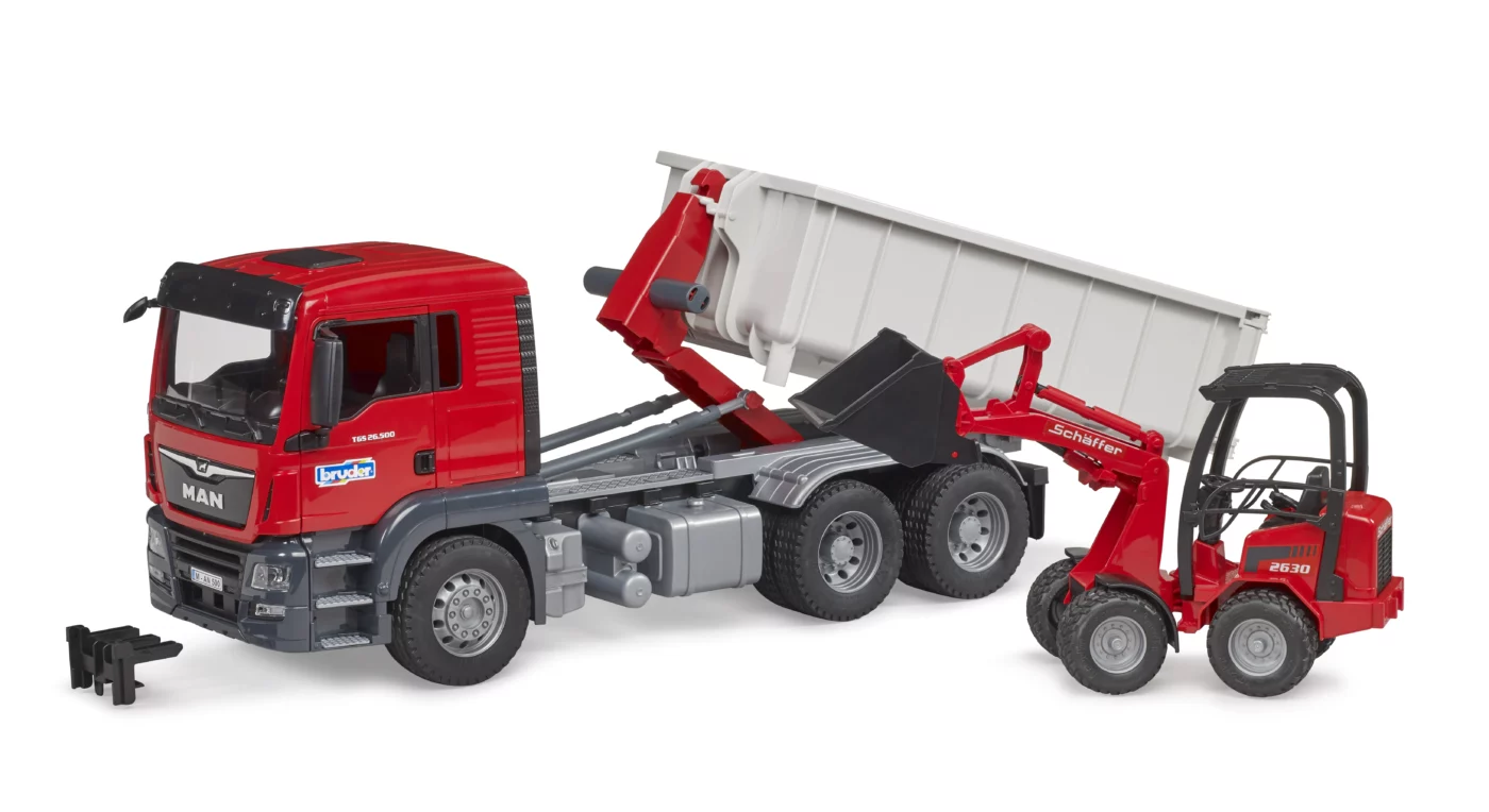 Bruder MAN TGS truck with roll-off container and Schaffer yard loader ...